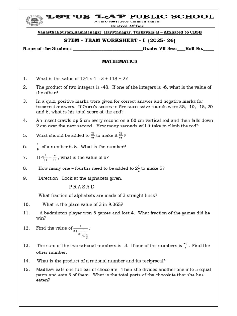 Stem Worksheet - 1 Class 7 | PDF