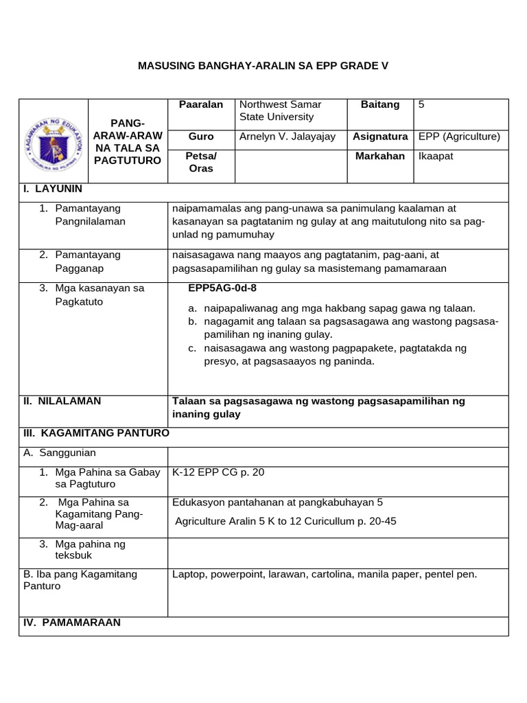 EPP 5 AGRI Lesson Plan | PDF