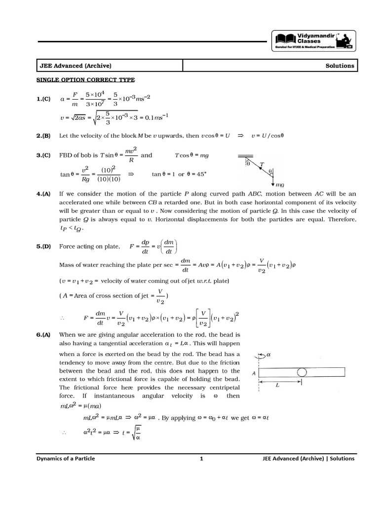 Dynamics of A Particle Solution JEE Advanced Archive | PDF