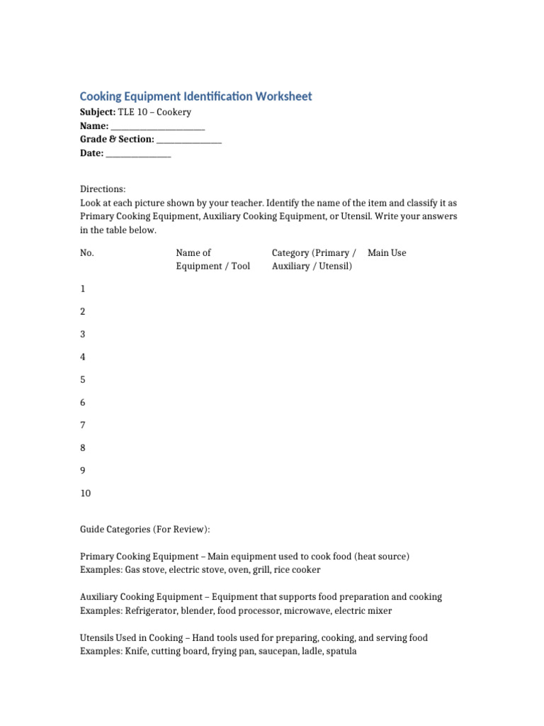 Cooking Equipment Identification Worksheet TLE10 | PDF
