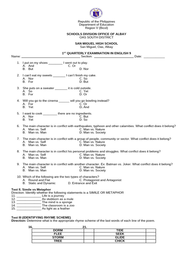 1st Quarter Examination - Eng 9 | PDF