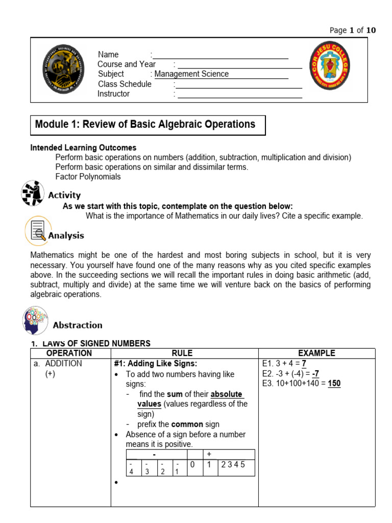 Management Science Module 1 - Basic Algebraic Operations | PDF ...