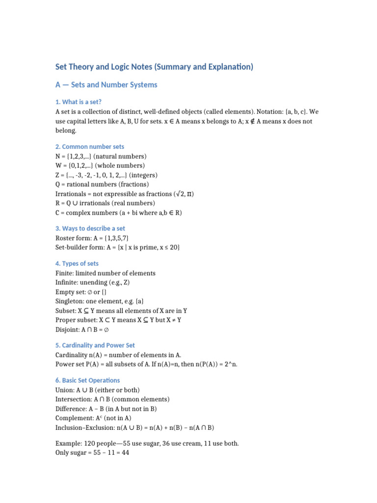 Set Theory and Logic Notes | PDF | Set (Mathematics) | Numbers
