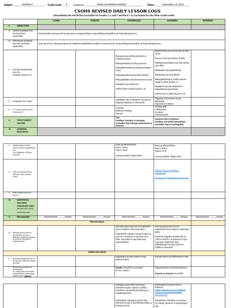 Csohs Revised Daily Lesson Logs | PDF