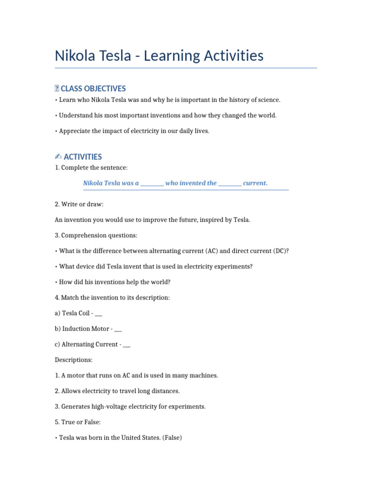 Nikola Tesla Activities en | PDF