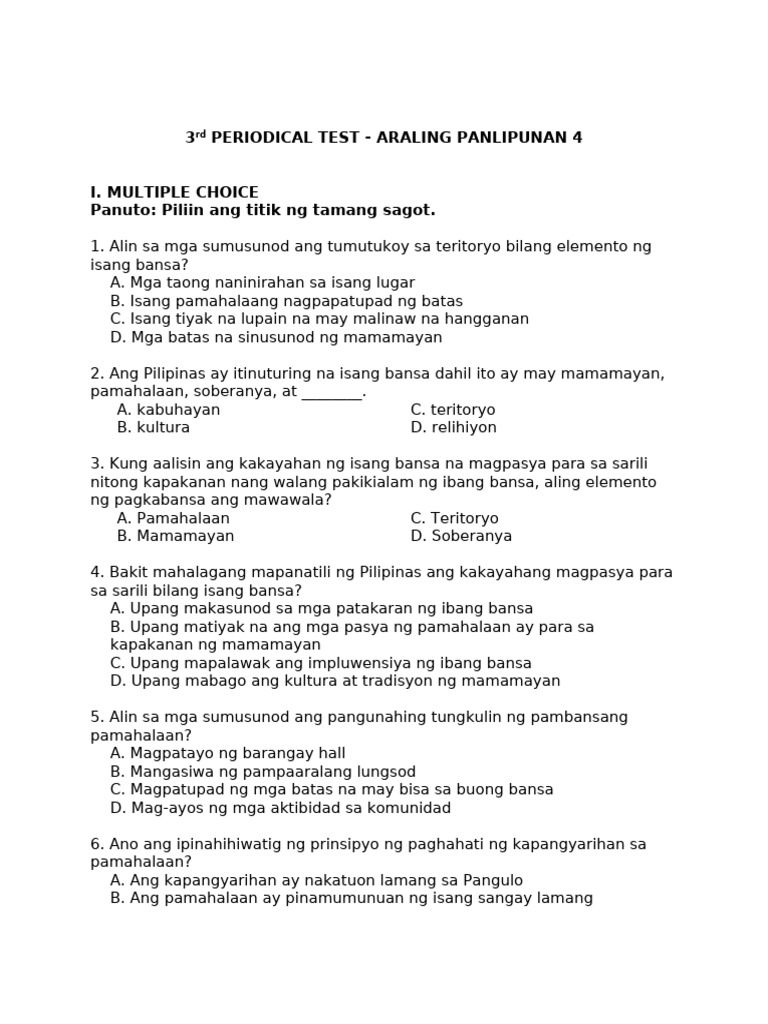 Periodical-Q3 AP 4 Matatag With Tos Key | PDF