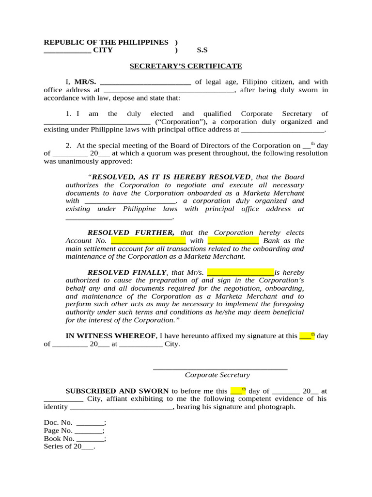 Secretarys Certificate Template | PDF
