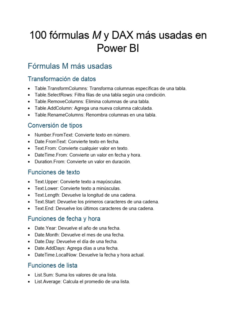 100 Formulas M y DAX Mas Usadas en PowerBI | PDF | Programación de ...