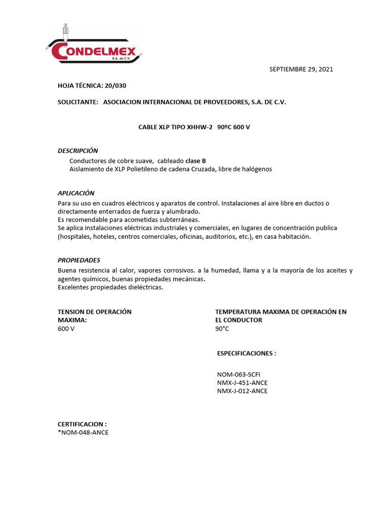 Ficha Tecnica Xhhw-2 XLP 600v | PDF