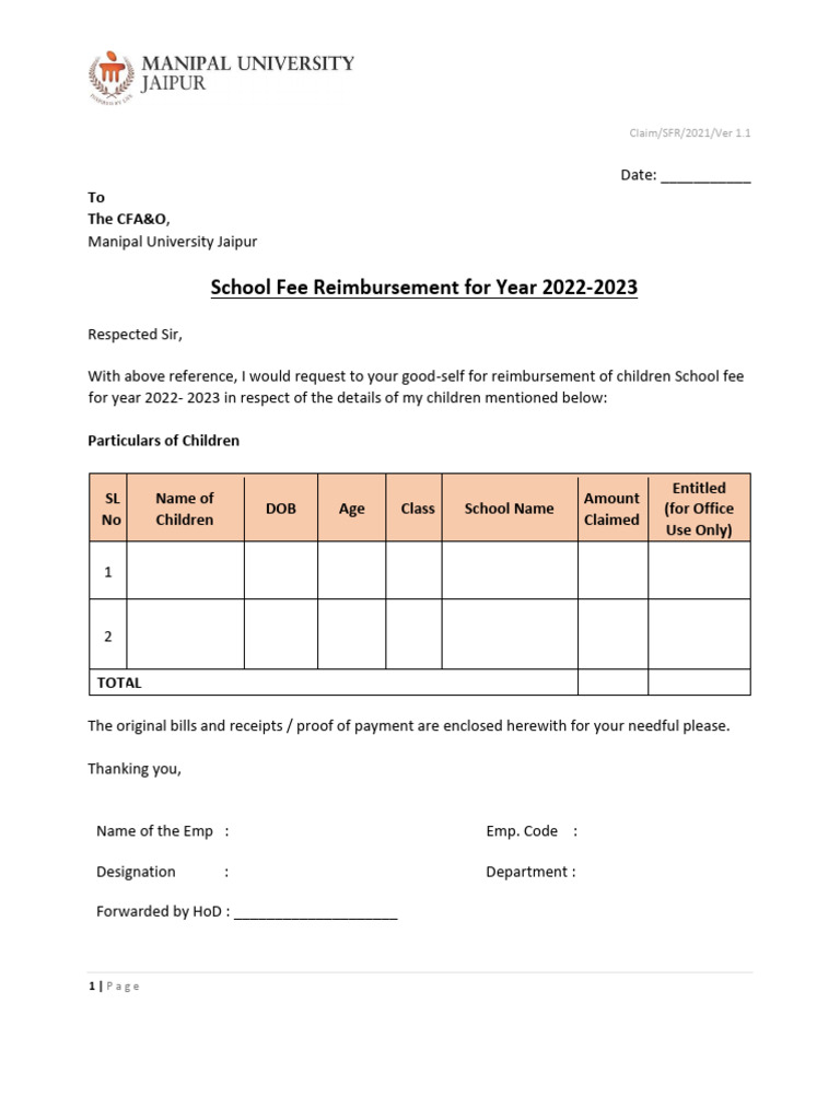 Appendix - 9 - Children School Fees Reimbursement Form 2022-23 | PDF