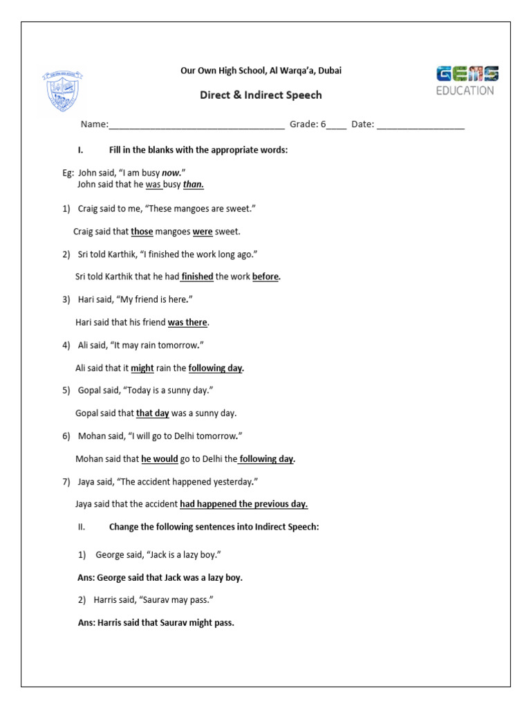 Direct Indirect Exercise Answer Key | PDF