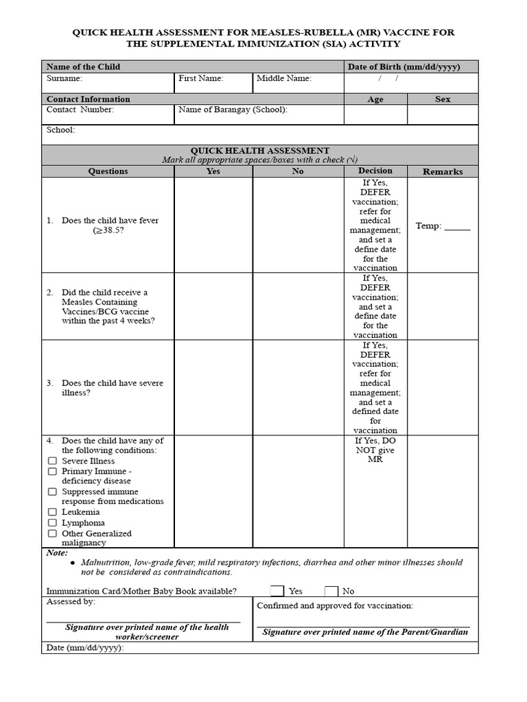 Quick Health Assessment Form (MR-SIA) | PDF | Vaccination | Clinical ...