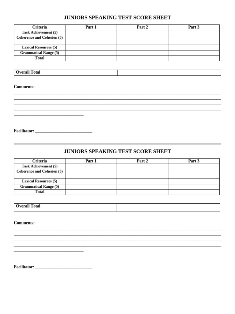 Juniors Speaking Test Score Sheet | PDF