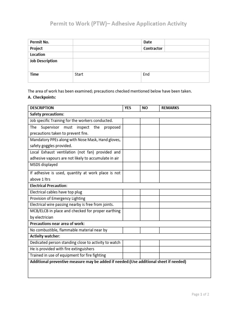 L025-Adhesive Application Work Permit | PDF | Occupational Safety And ...