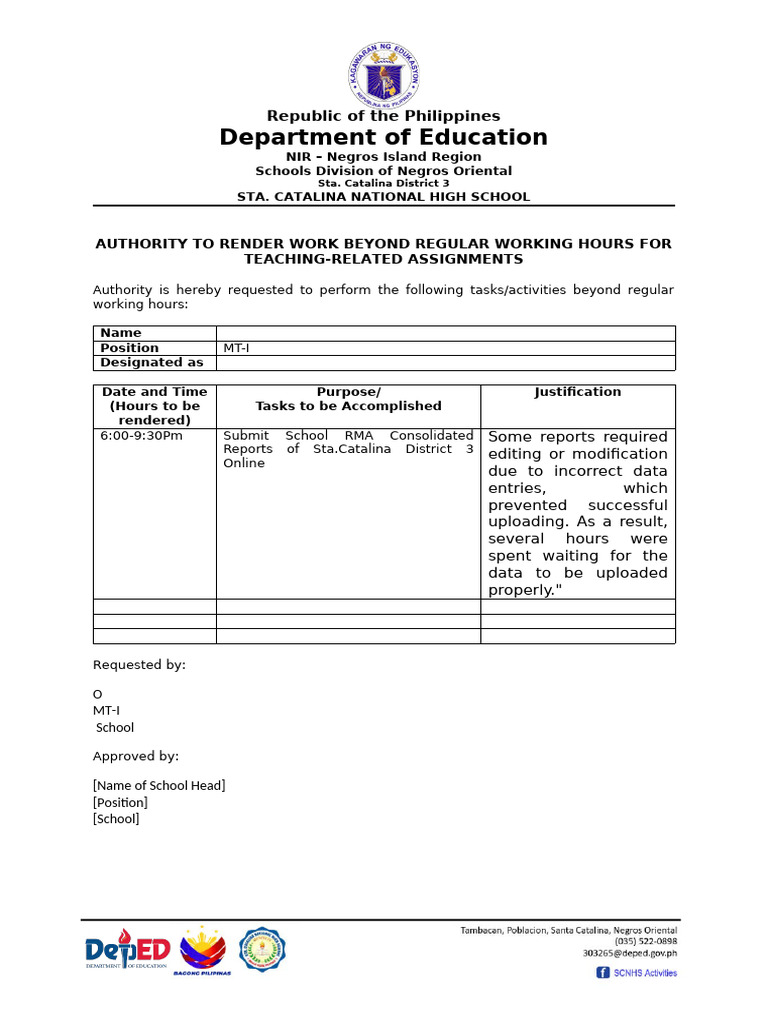 1 Authority to Render Work Beyond Regular Work Hours RMA Submission | PDF