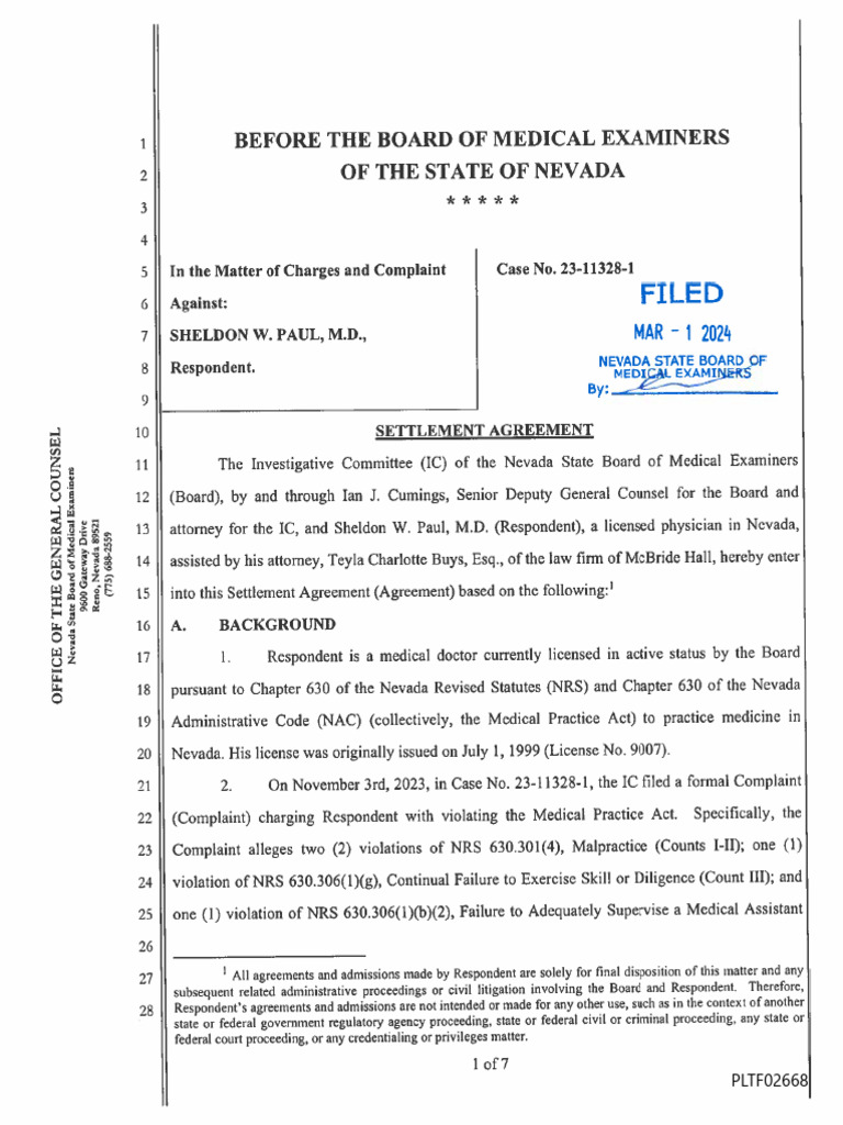 Settlement Agreement In the Matter of Complaint Against Sheldon W. Paul ...