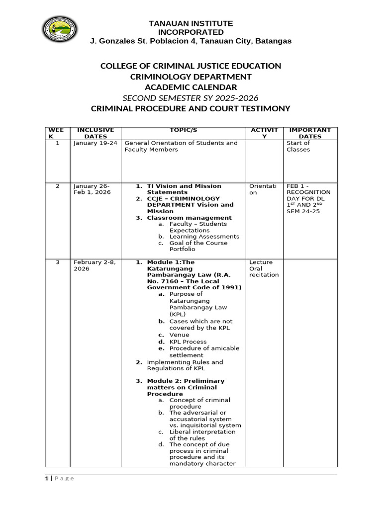 Ccje Criminal Procedure and Court Testimony Acad Calendar | PDF ...
