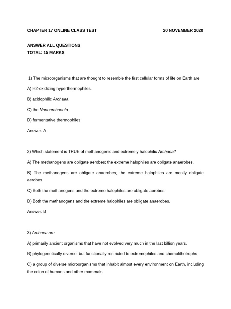 Chapter 17 Class Test Memo | PDF | Archaea | Cell Membrane