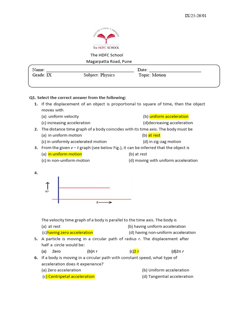 CH 1 Motion Ws 1 Objective Ak | PDF | Acceleration | Velocity