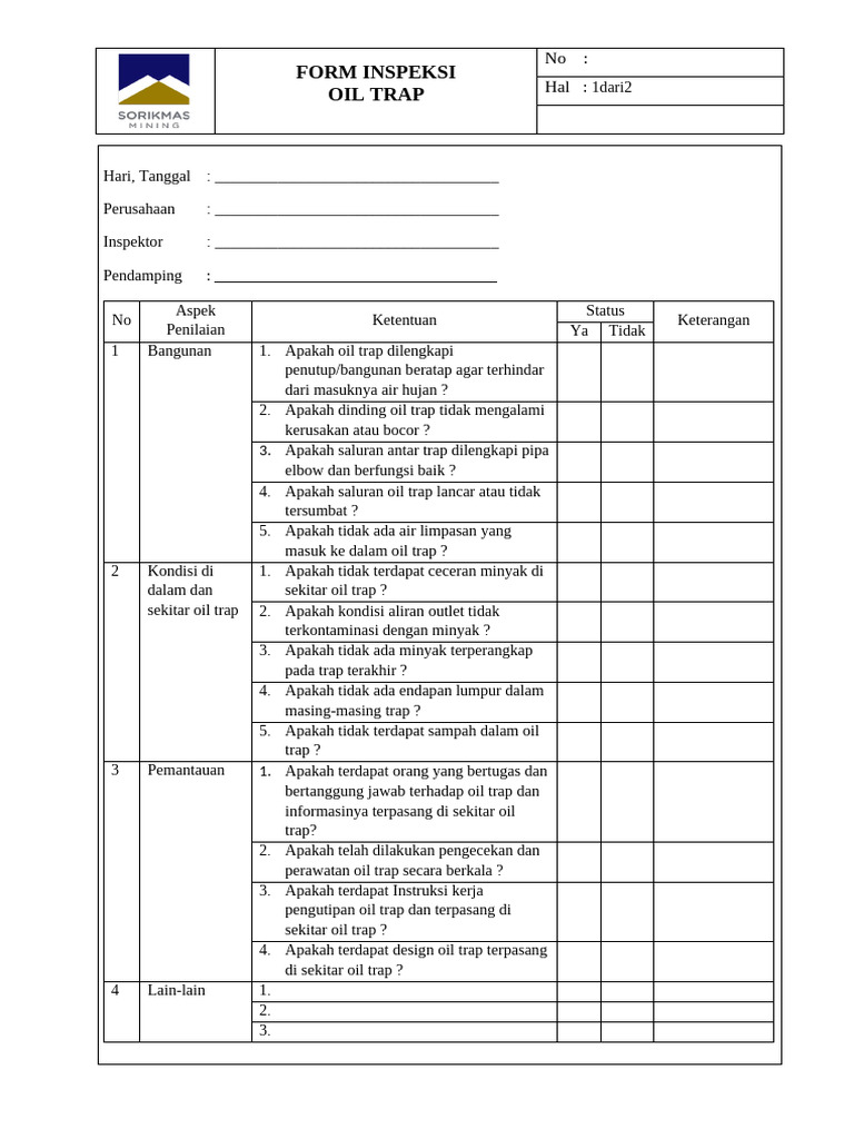 Form Inspeksi Oil Trap | PDF