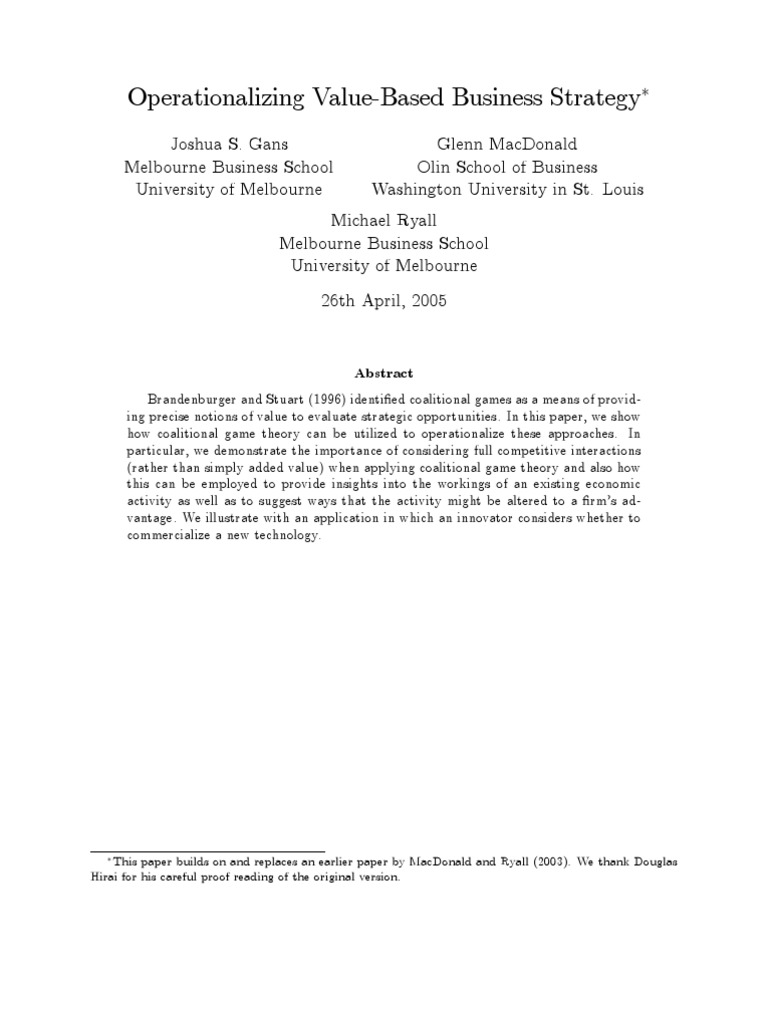 Operationalizing Value-Based Business Strategy | PDF | Game Theory | Strategic Management
