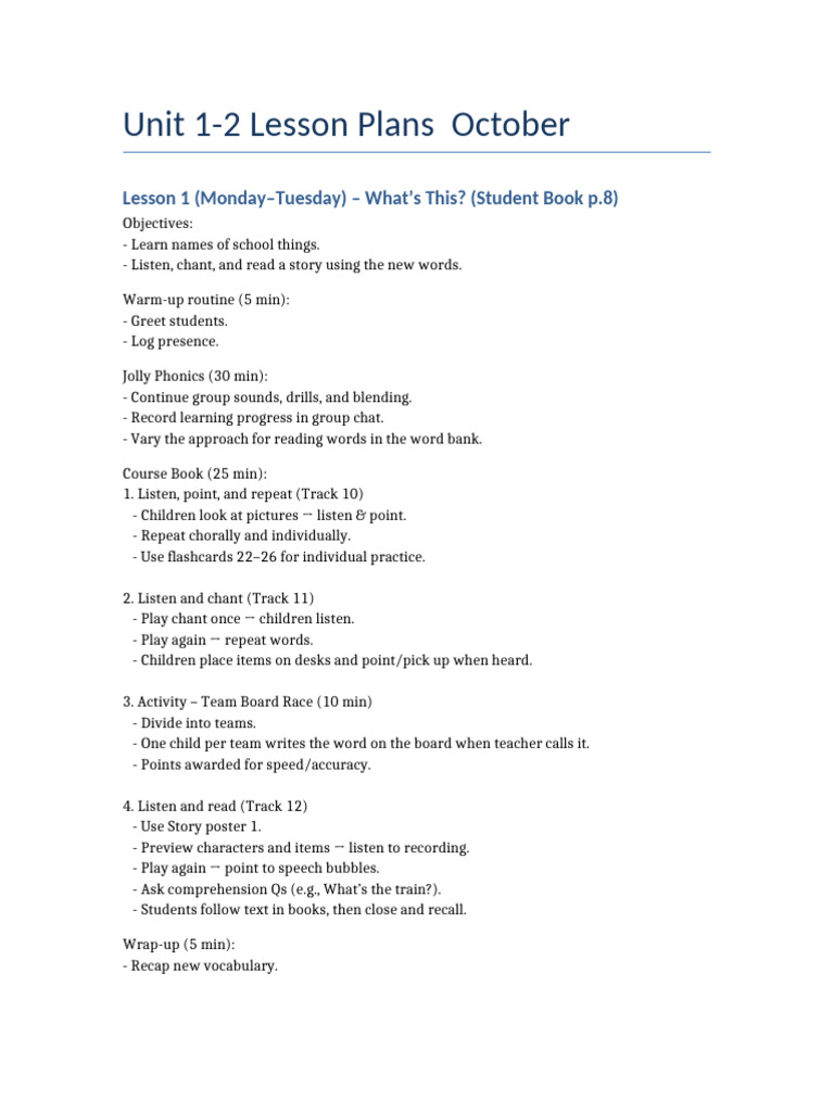 Movers 0 October Lesson Plan | PDF | Phonics | Learning