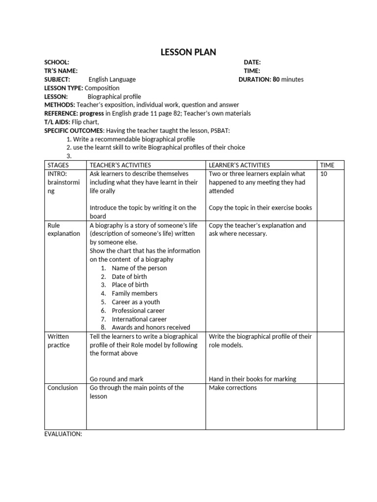 Grade 11 English Language Composition - Biographical Profile Editable ...
