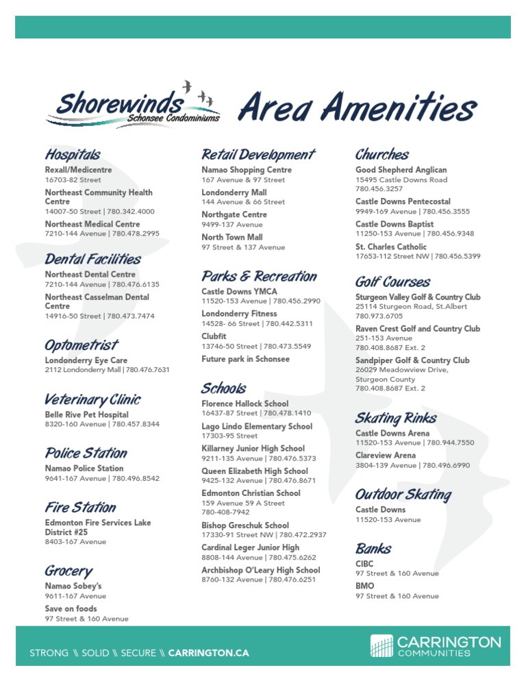 Shorewinds Schonsee Condominiums Amenity Sheet | PDF