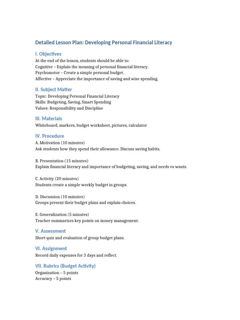Complete Financial Literacy Lesson Plan | PDF