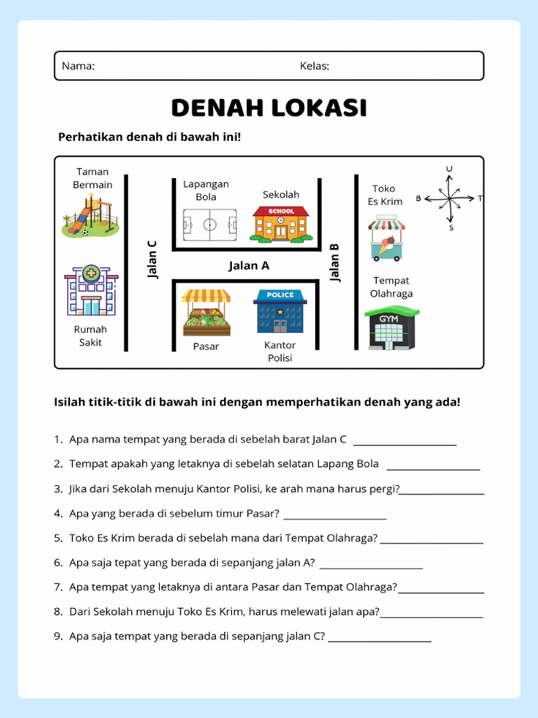 Lembar Kerja Denah Lokasi Dalam Gaya Ilustrasi Biru | PDF
