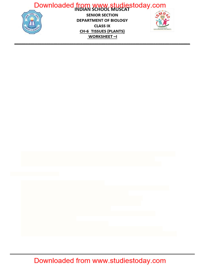 CBSE Class 9 Science Worksheet - Tissues Plants | PDF | Tissue (Biology ...