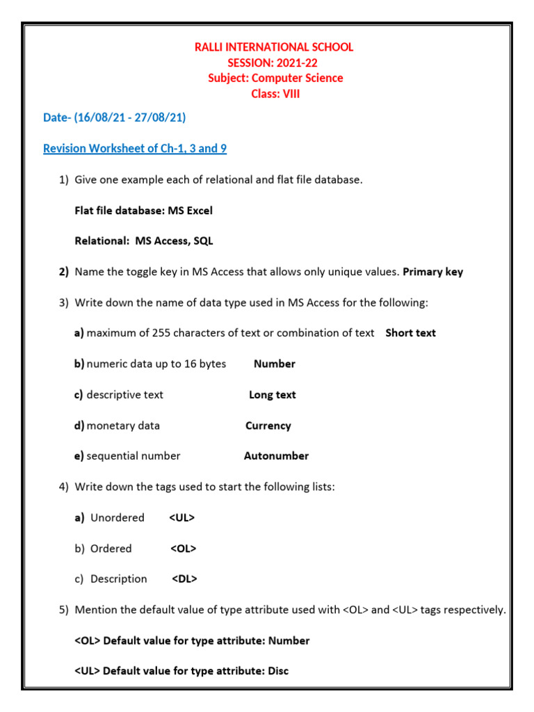 CLASS 8 Revision Worksheet-1 With Solutions | PDF | Network Topology ...