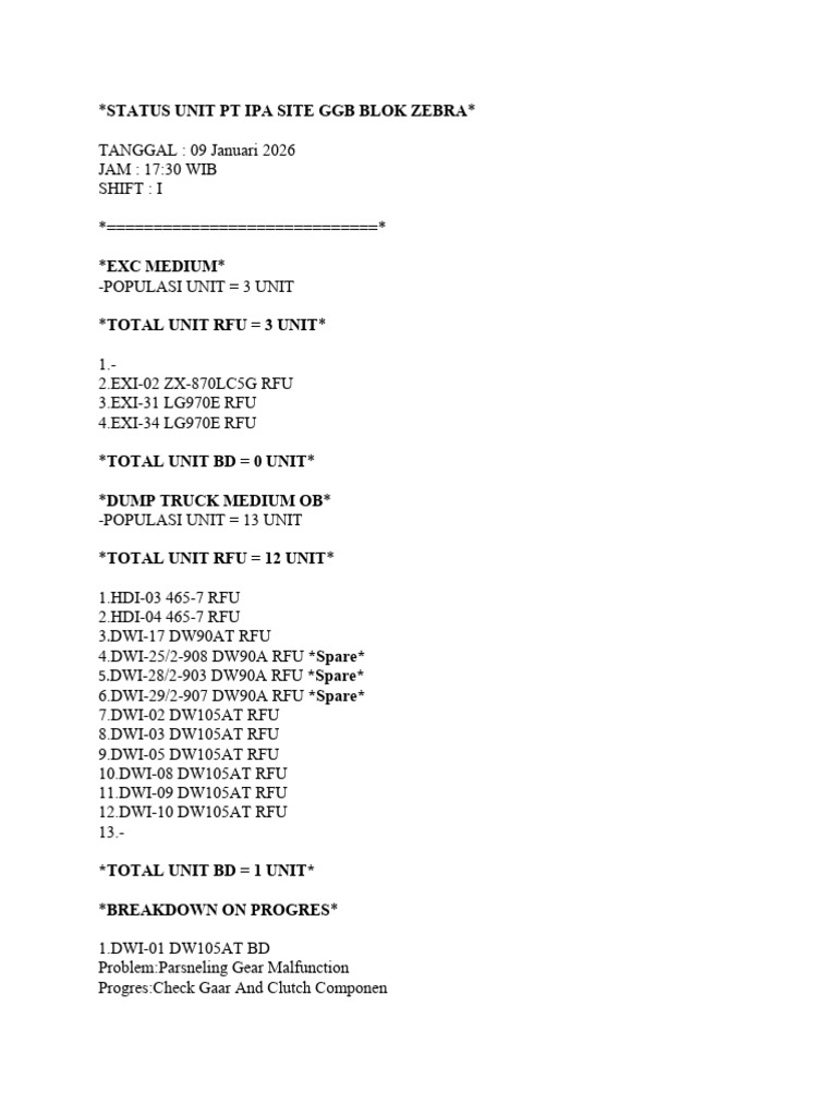 Status Unit Akhir Shift 1 Block Zebra 09jan 2026 | PDF | Machines ...