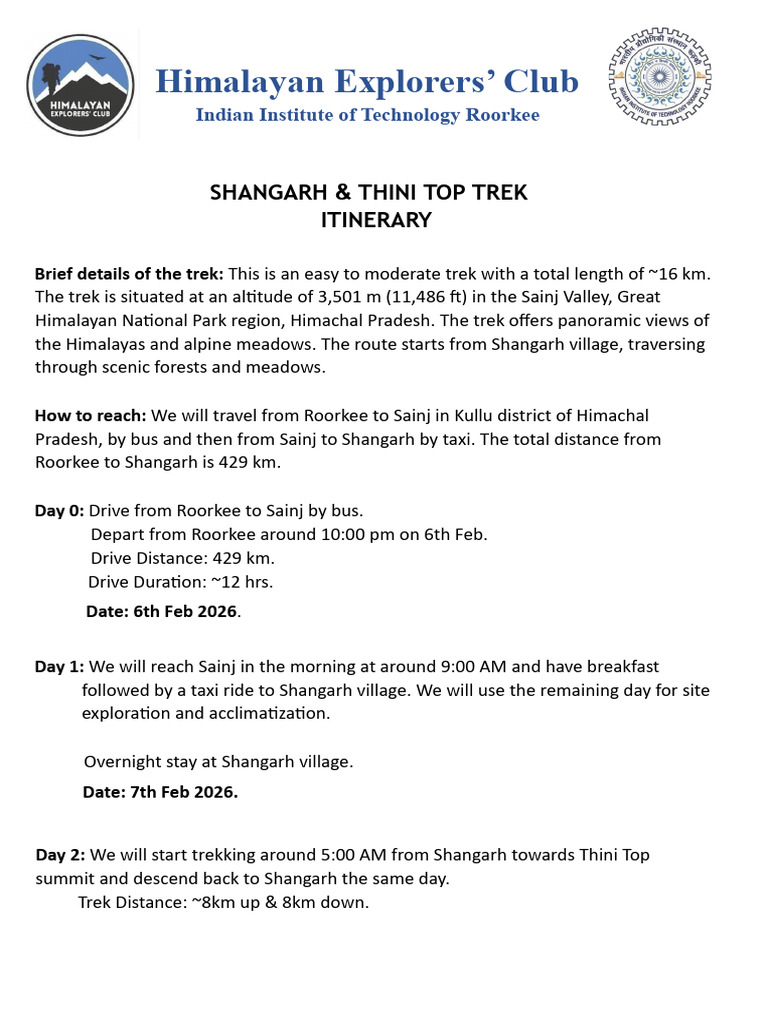 Shangarh & Thini Top Itinerary | PDF