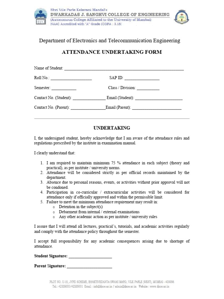 Attendance Undertaking Form | PDF