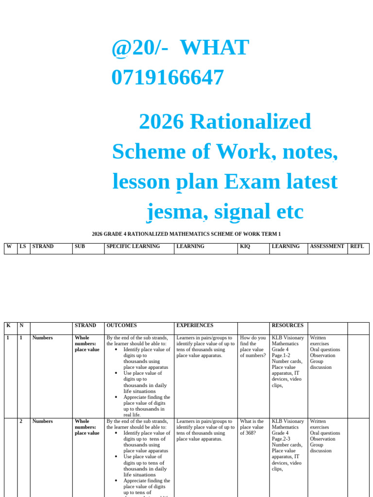 2026 SCHEMES 0719166647 GR 4 Math Rationalized Mathematics Schemes of ...