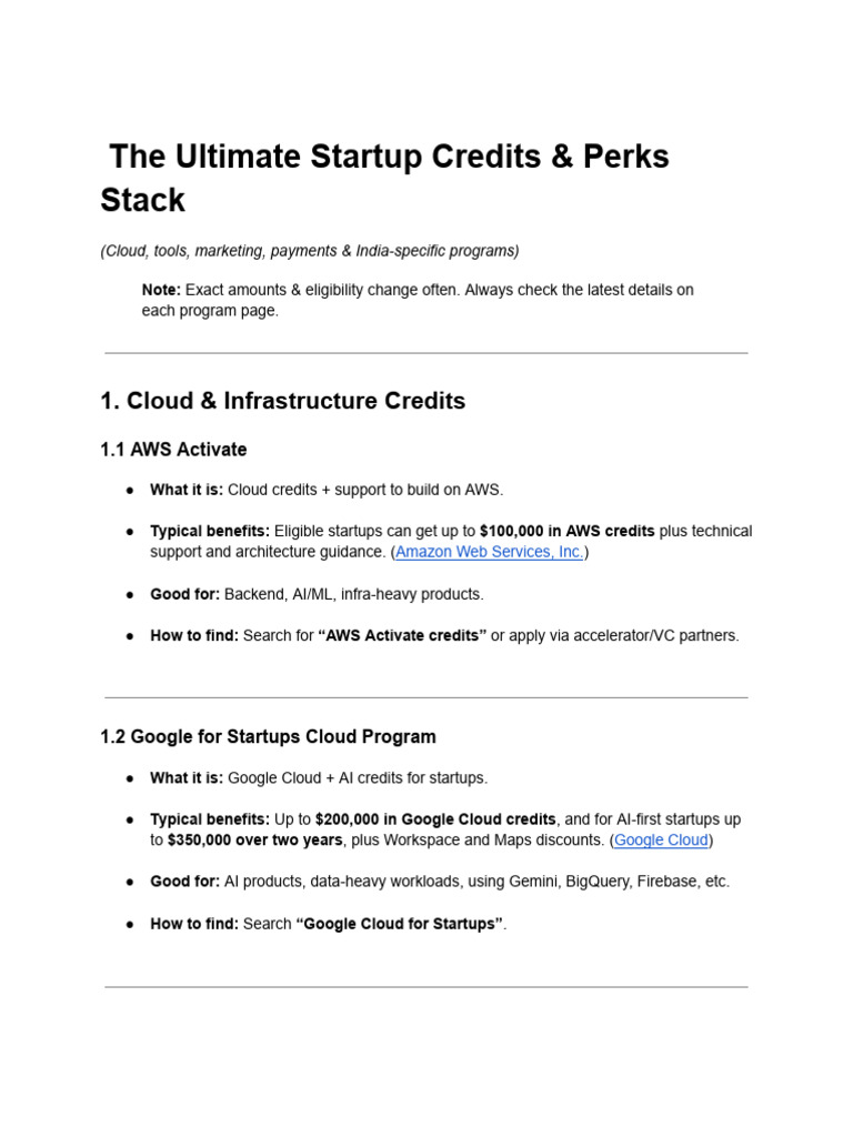 Ultimate Startup Credits & Perks Stack | PDF | Cloud Computing ...