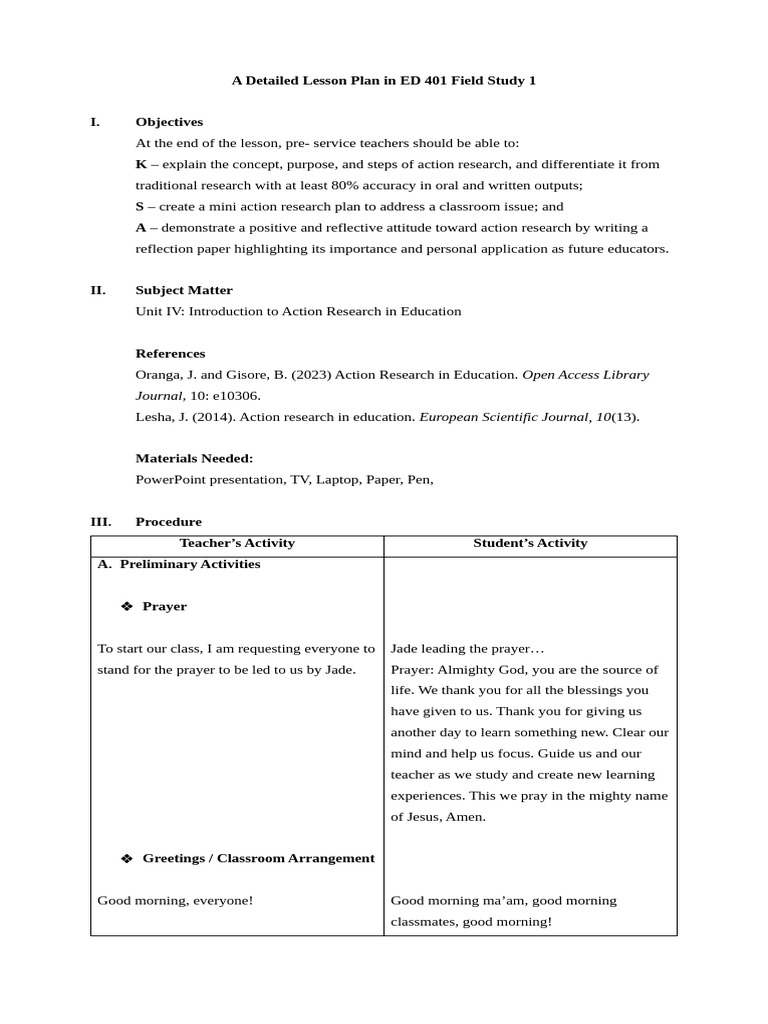 A Detailed Lesson Plan in ED 401 | PDF | Teachers | Action Research