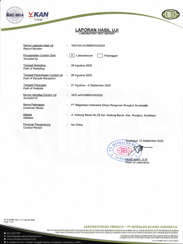 Hasil Uji Lab Air Limbah DB Rungkut Agustus 2025 | PDF