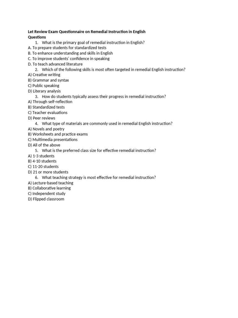 Let Review Exam Questionnaire On Remedial Instruction in English | PDF ...