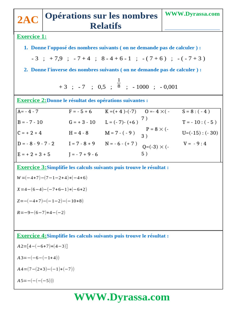 Operations Sur Les Nombres Relatifs Serie Dexercices 2 Word | PDF