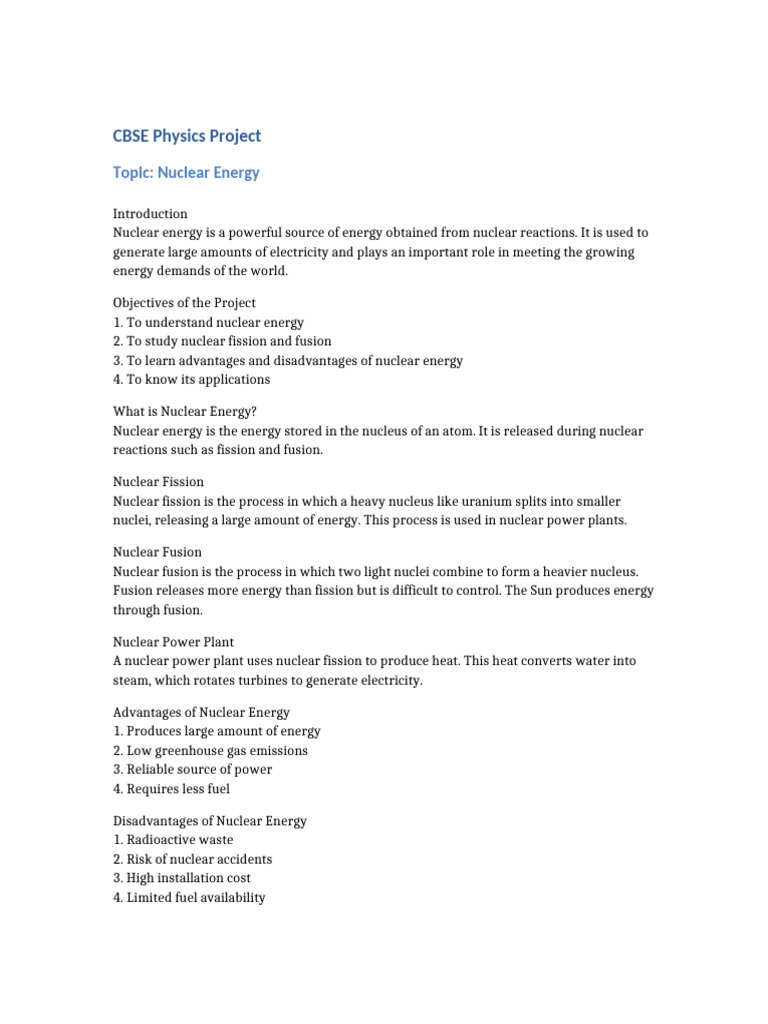 Physics Project 3 Nuclear Energy | PDF