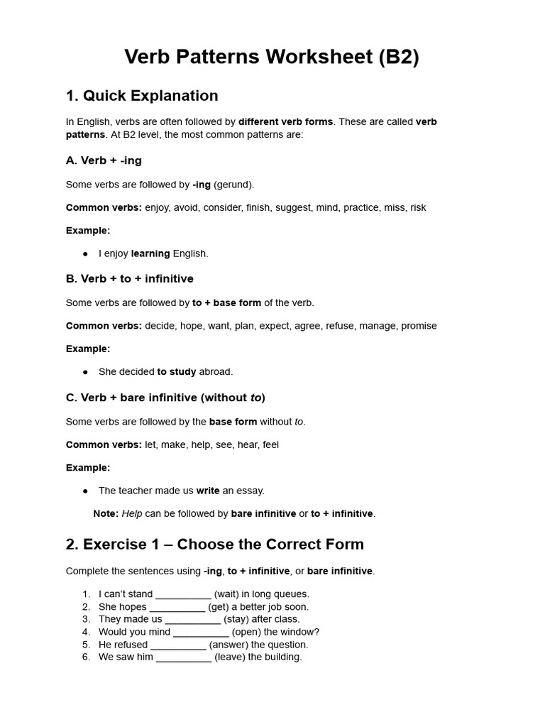 Verb Patterns Worksheet (B2) | PDF | Linguistics | Language Mechanics