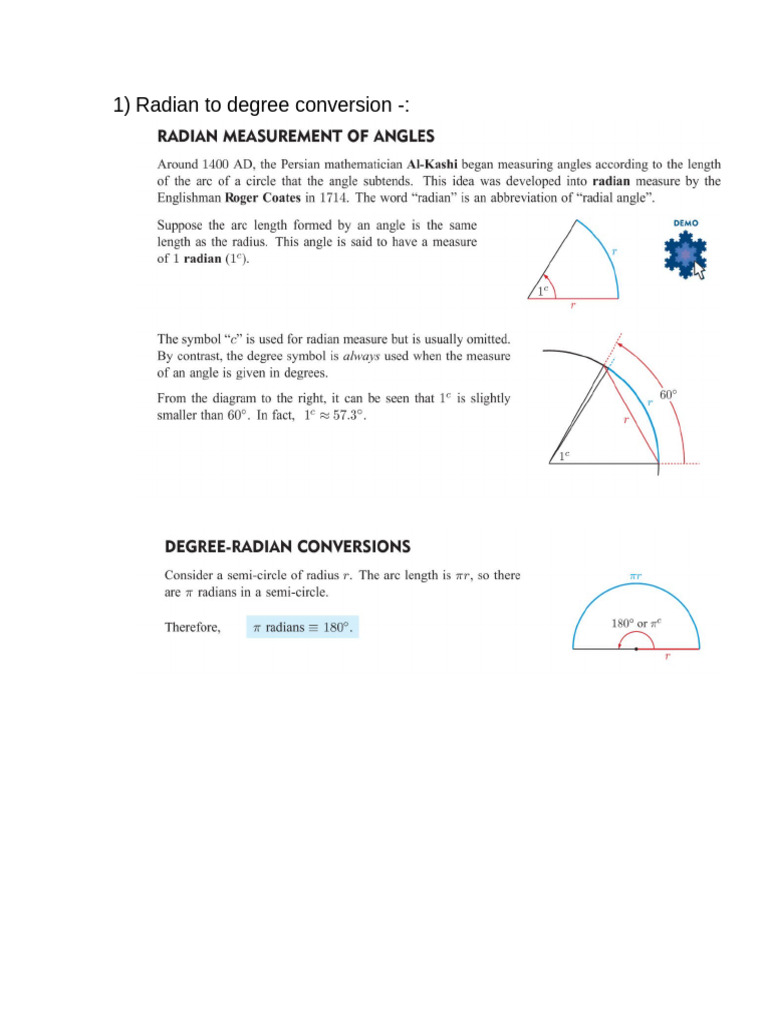 Radian To Degree Conversion, Arc Length, Area of Sector. | PDF