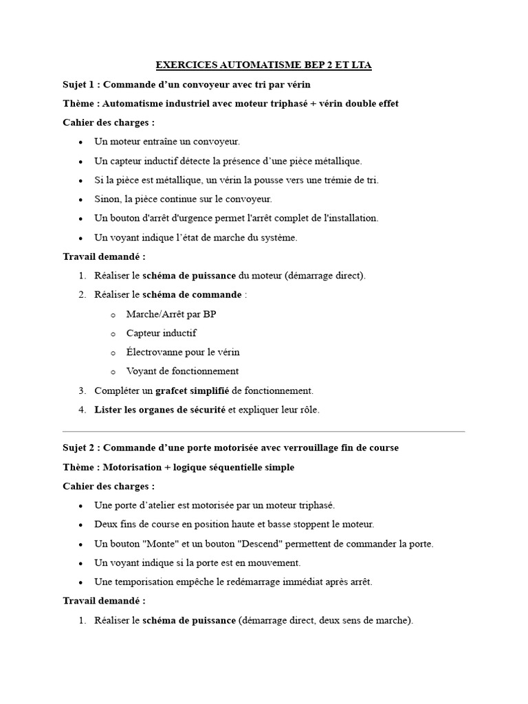 Exercices Automatisme Bep 2 Et Lta | PDF | Automate programmable industriel