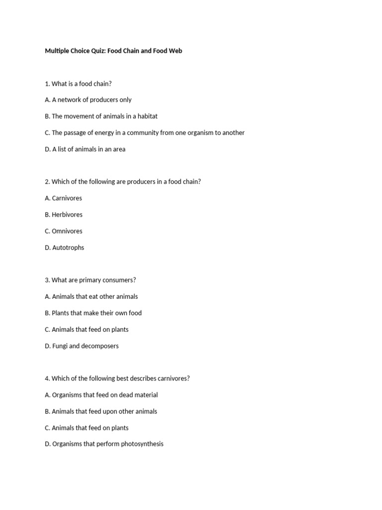Food Chain and Food Web Quiz | PDF | Food Web | Herbivore