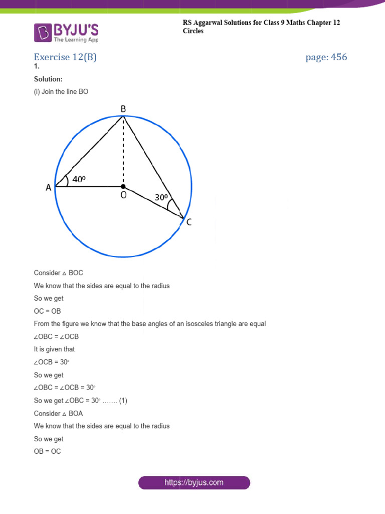 RS Aggarwal Sol Class 9 Maths Chapter 12 Circles Exercise 12B | PDF ...