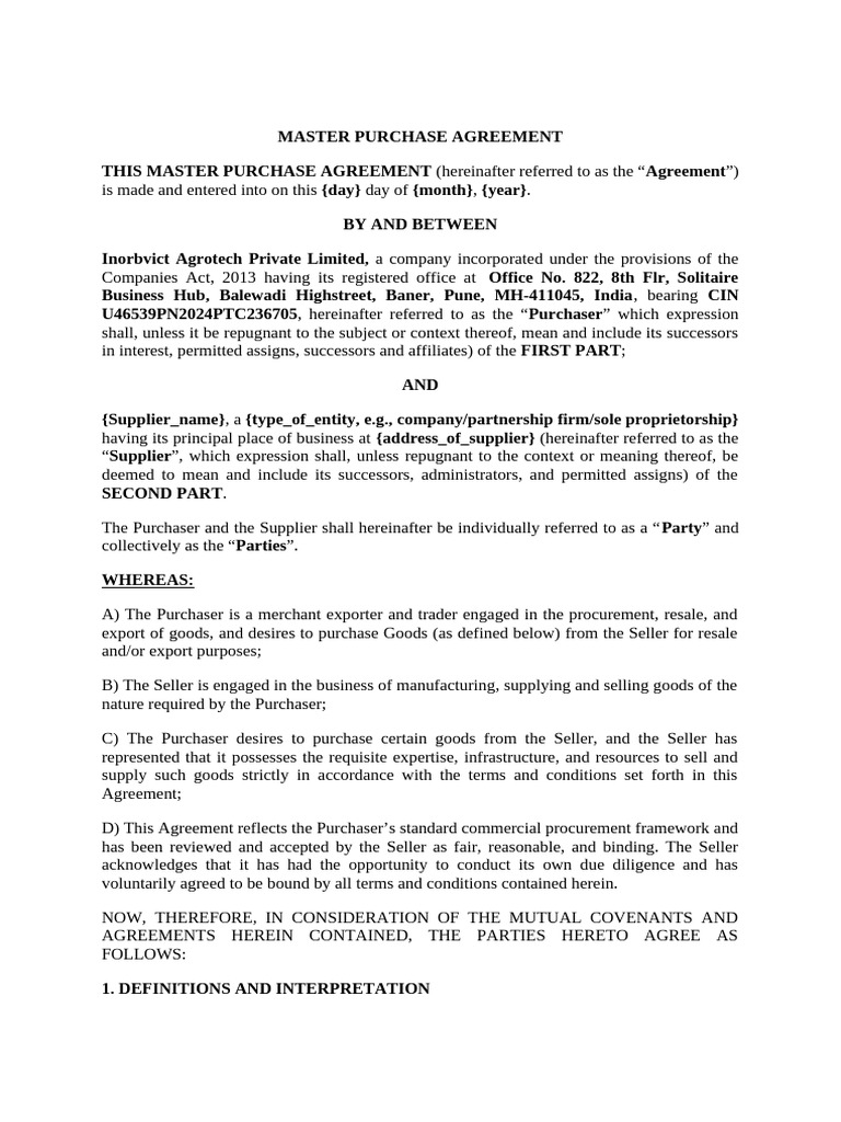 Master Purchase Agreement | PDF | Indemnity | Breach Of Contract