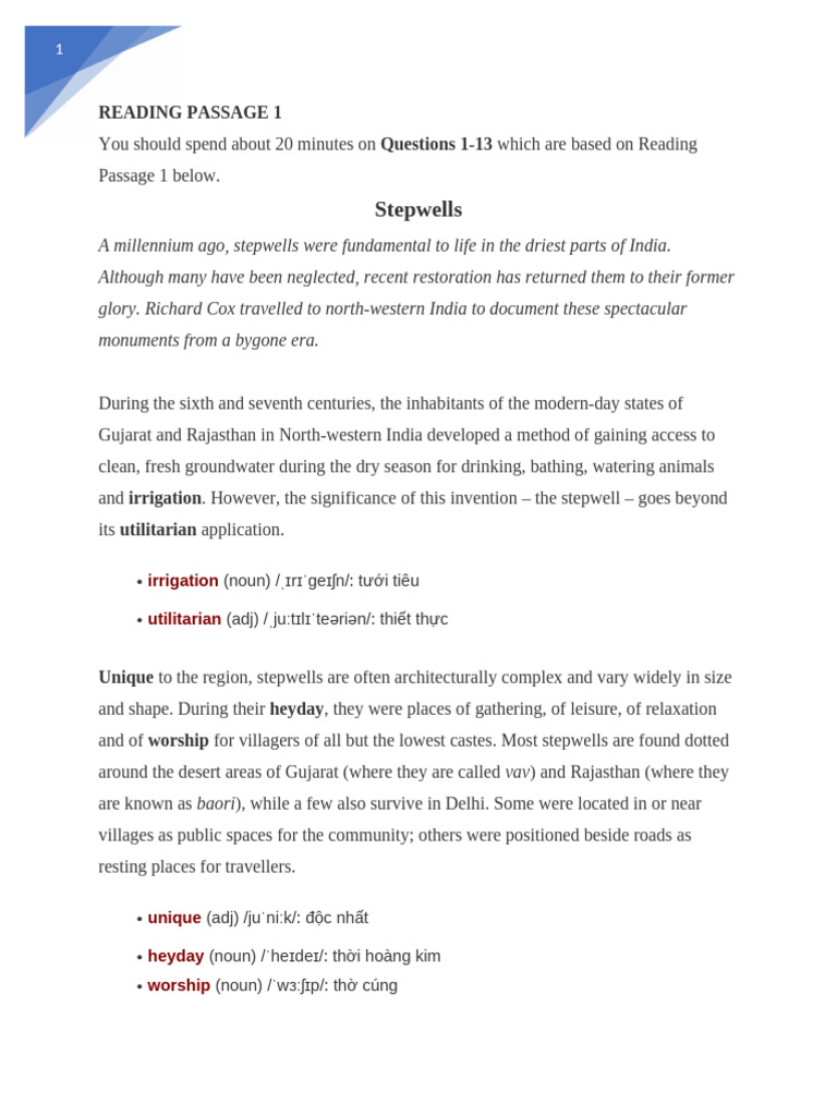 Reading Passage 1 - Step Well | PDF