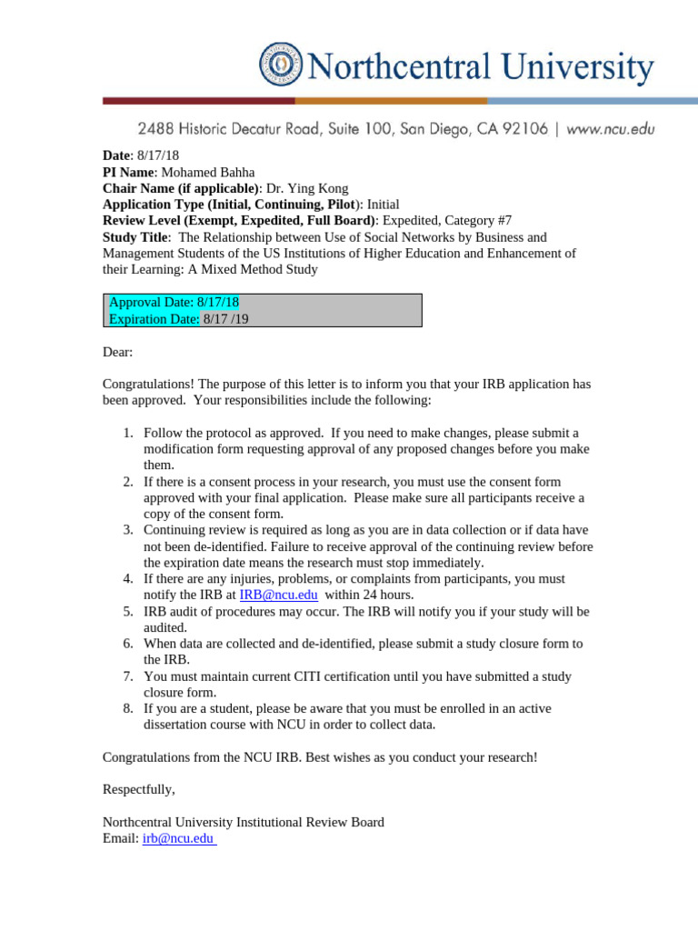 IRB Approval Letter Expedited Bahha | PDF